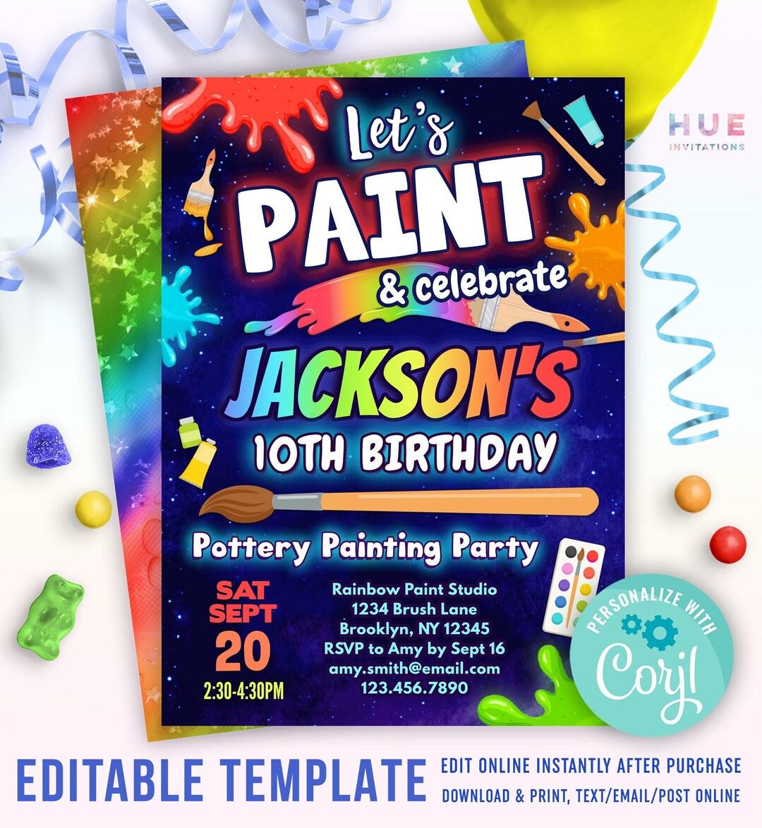 Boys Pottery Painting Party Invitation Editable Template | Rainbow ...