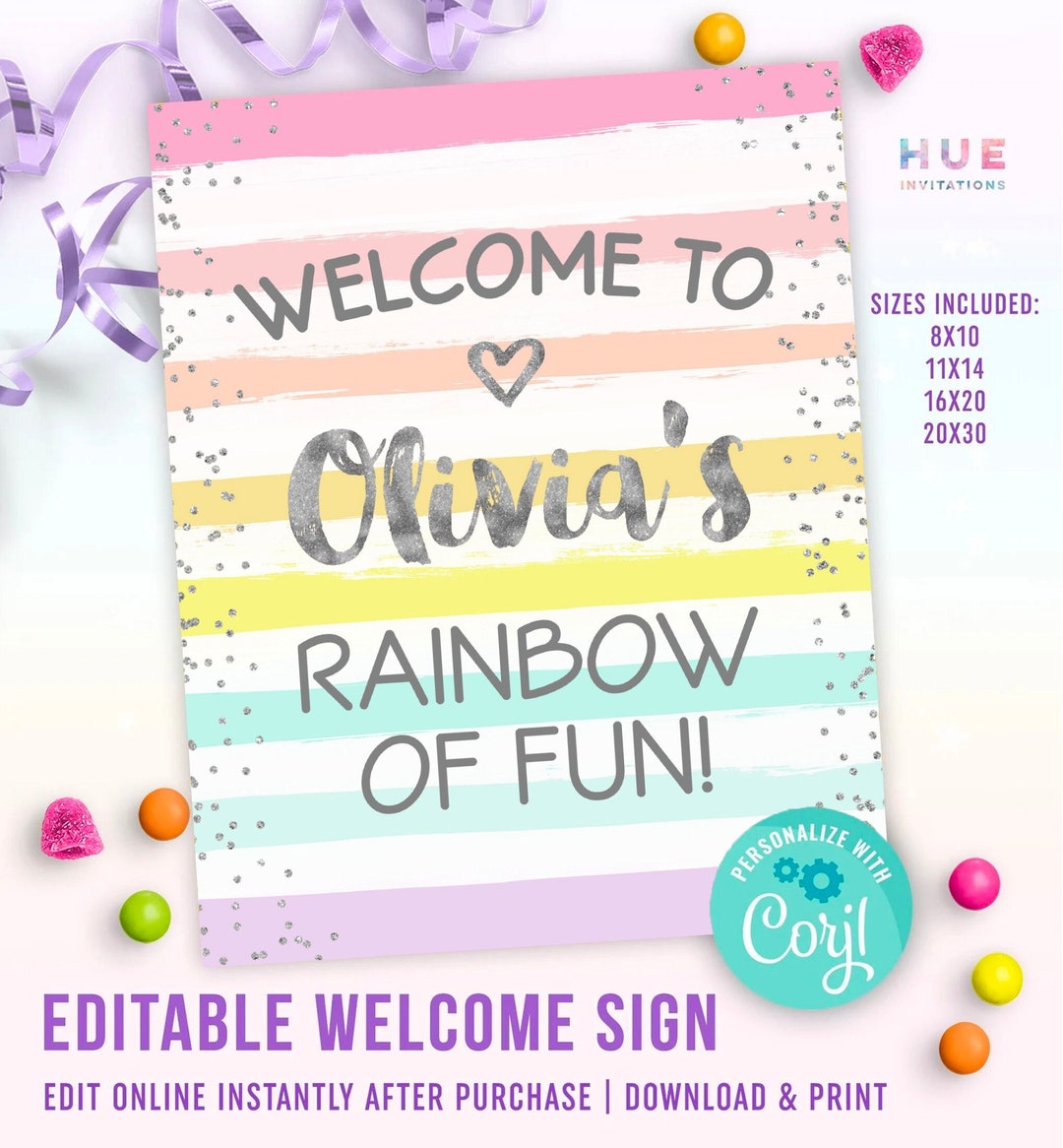 Welcome Sign for Girls Rainbow Birthday Party Editable Template Pastel ...
