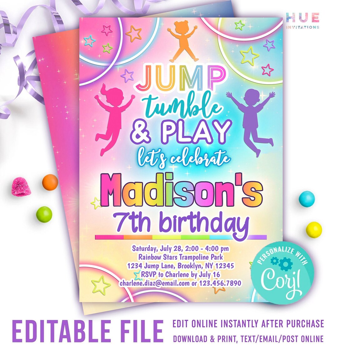 Rainbow Trampoline Park Birthday Invitation Editable Template | Girls ...