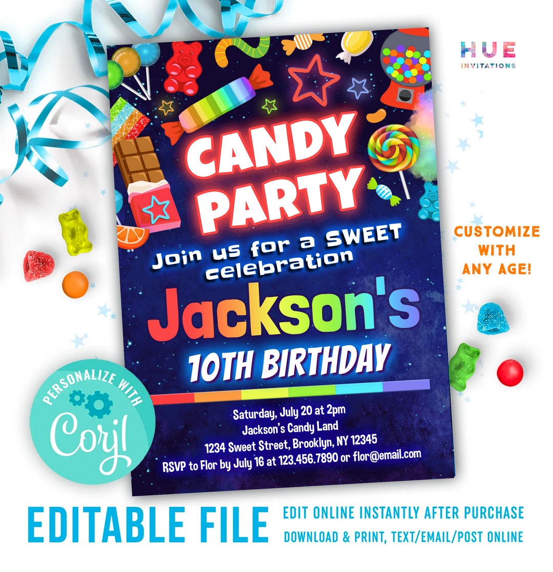 Candy Theme Birthday Invitation for Boys and Girls Editable Template ...