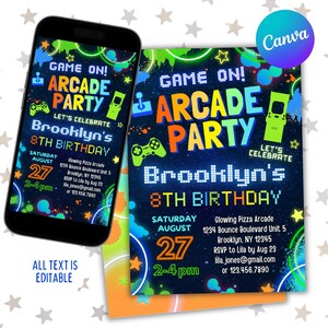 Arcade Birthday Party Invitation Editable With Canva | Game on Arcade ...