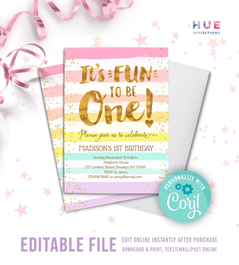 It's Fun to Be ONE Girls 1st Birthday Invitation Corjl Template ...