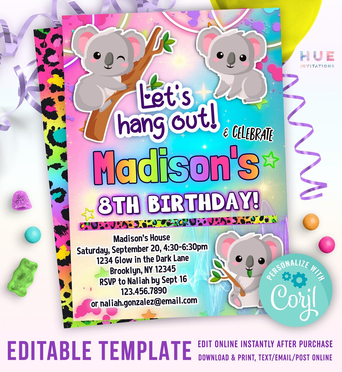 Cute Koalas Birthday Party Invitation Editable Template | Let's Hang ...