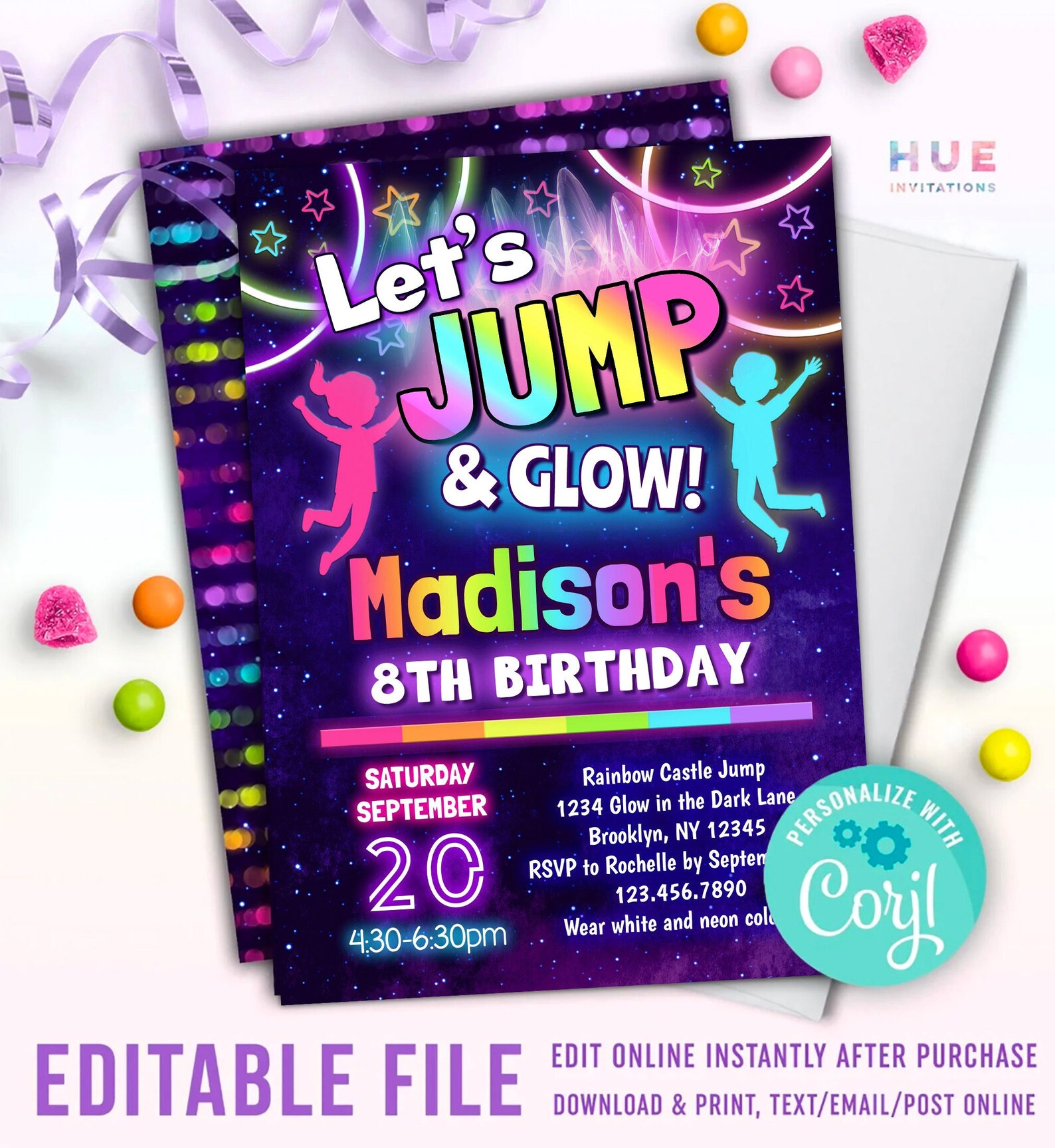 Jump & Glow Party Photo Invitation | Neon Rainbow Jump Birthday ...