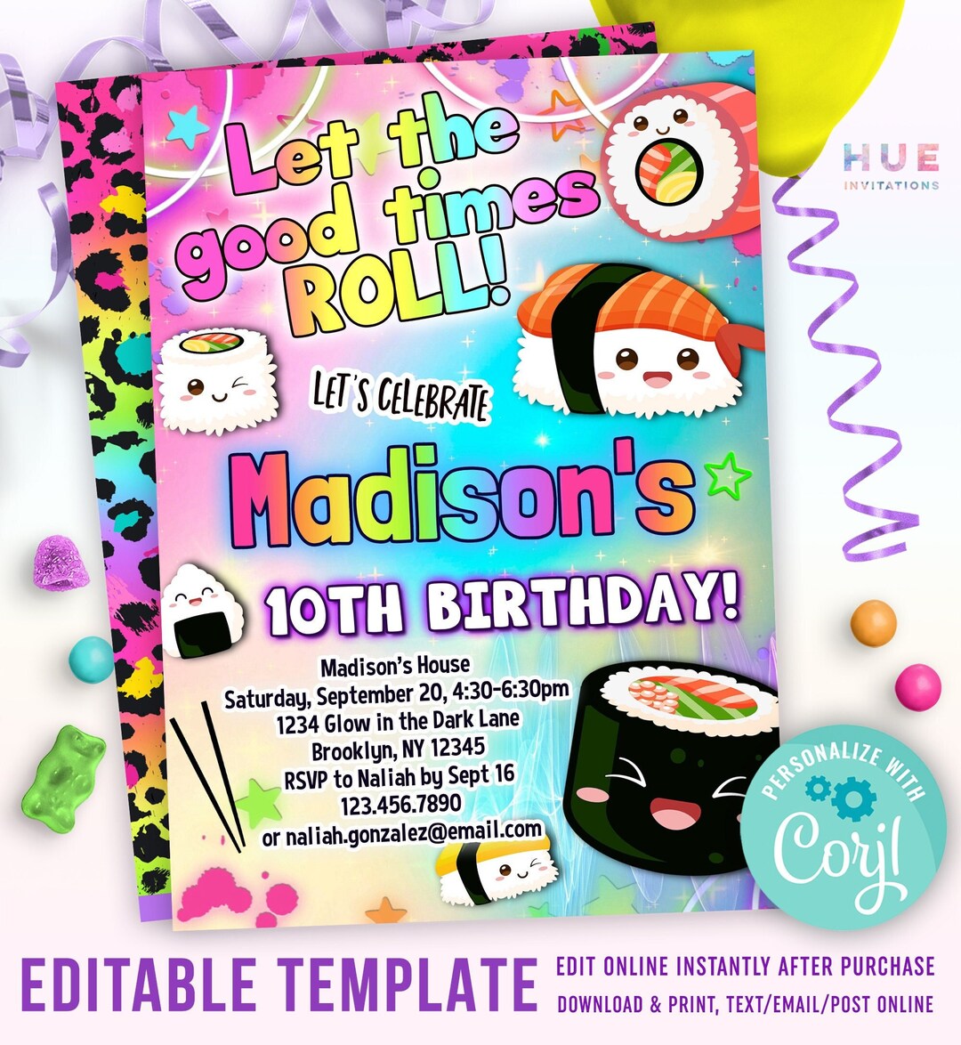 Cute Sushi Birthday Party Invitation Editable Template Rainbow Sushi ...