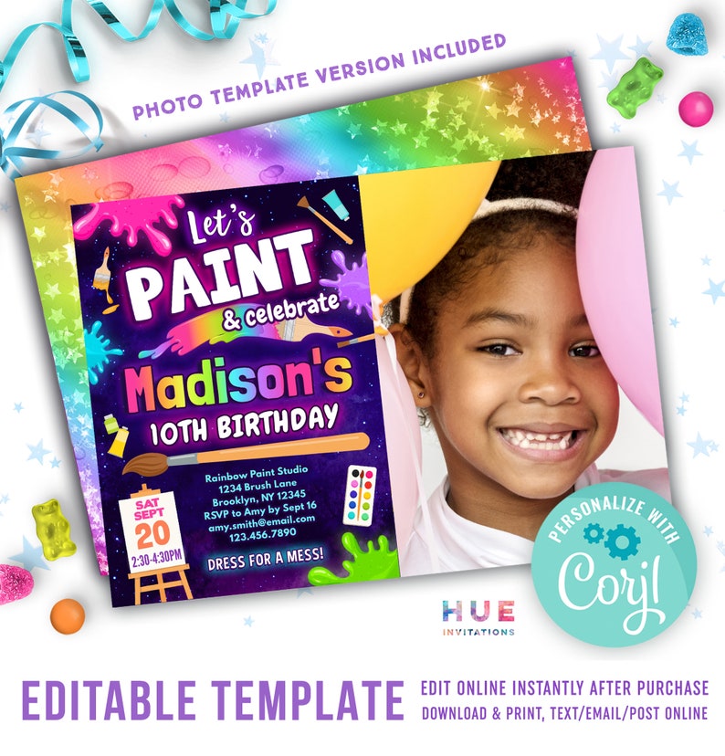 Rainbow Paint Party Birthday Invitation Editable Template - Etsy