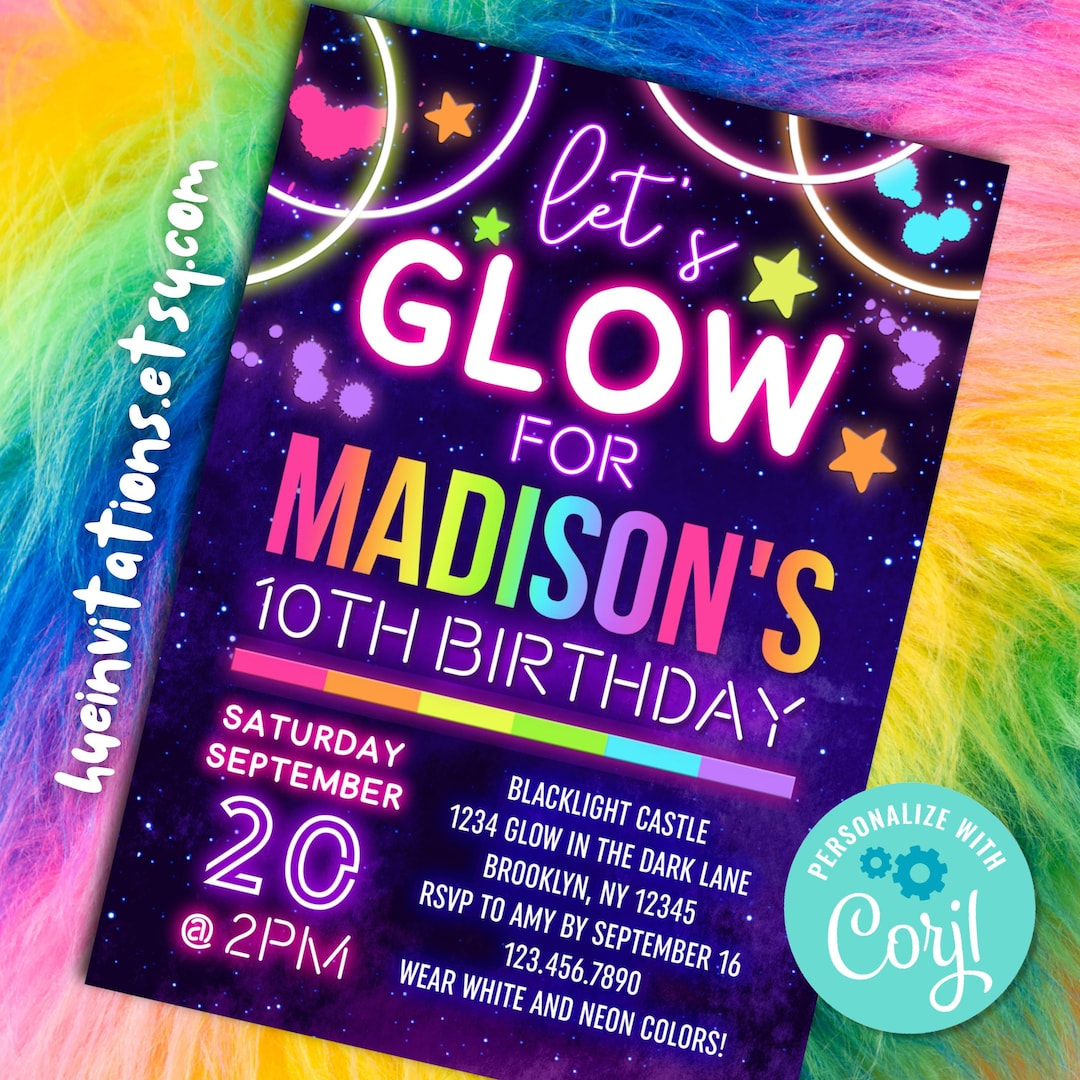 Neon Glow Party Invitation for Kids | Rainbow Glow in the Dark Theme ...