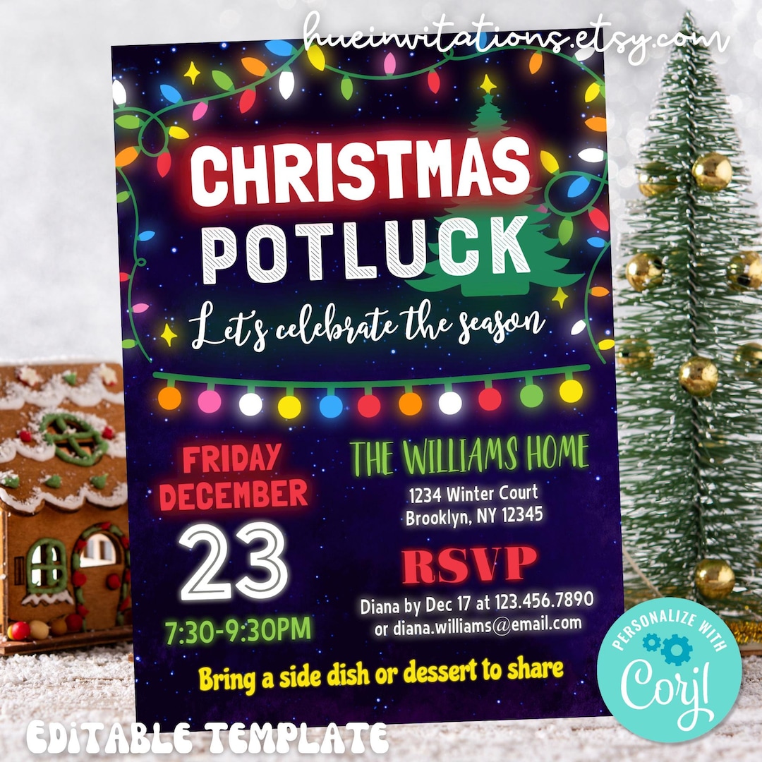 Colorful Christmas Potluck Invitation Editable Template | Christmas ...