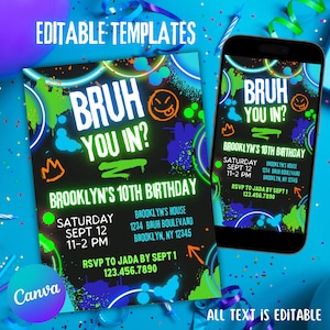 Bruh Birthday Party Invitation for Boys Editable With Canva | Boys Blue ...