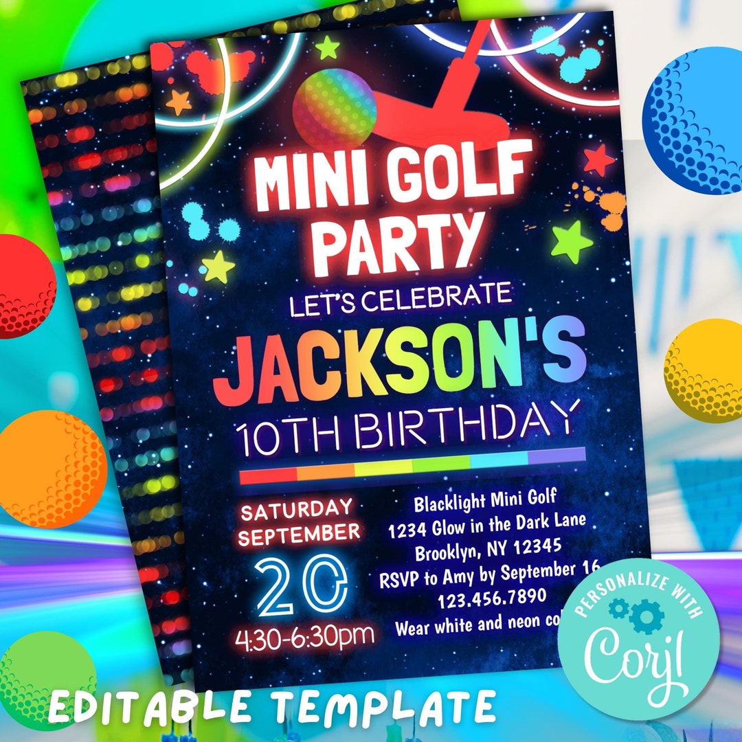 Boys Mini Golf Birthday Party Invitation Editable Template | Glow ...