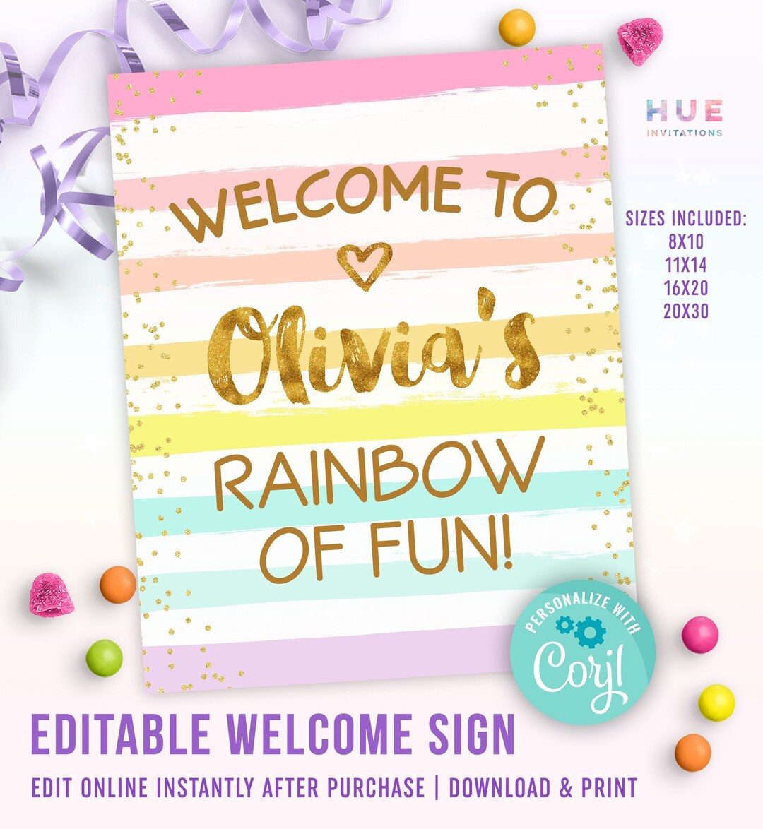 Editable Welcome Sign for Girls Rainbow Birthday Party Pastel Rainbow ...