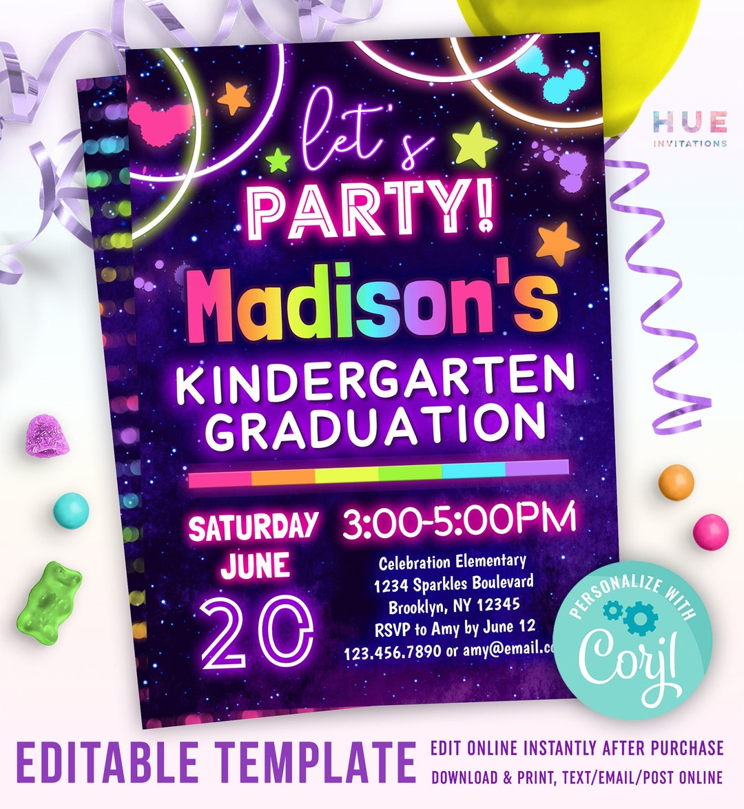 Kindergarten Graduation Party Invitation Instant Download | Neon ...