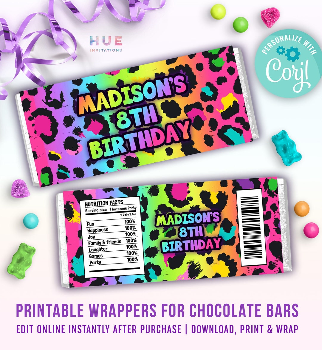 Neon Leopard Chocolate Bar Wrappers Editable Template | Rainbow Party ...