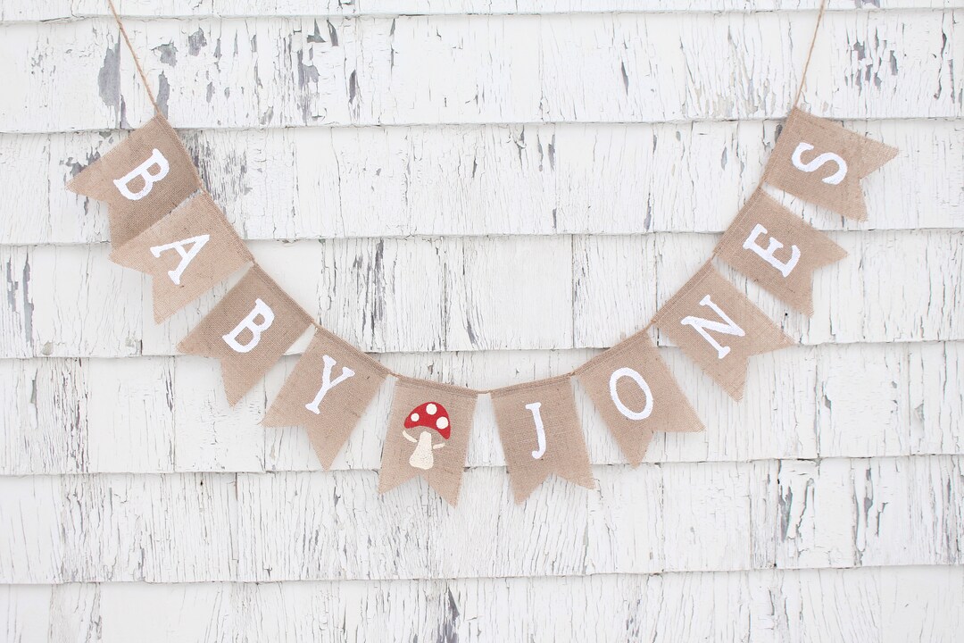 Mushroom Toadstool Baby Banner, Custom Burlap Banner, Personalized Name ...