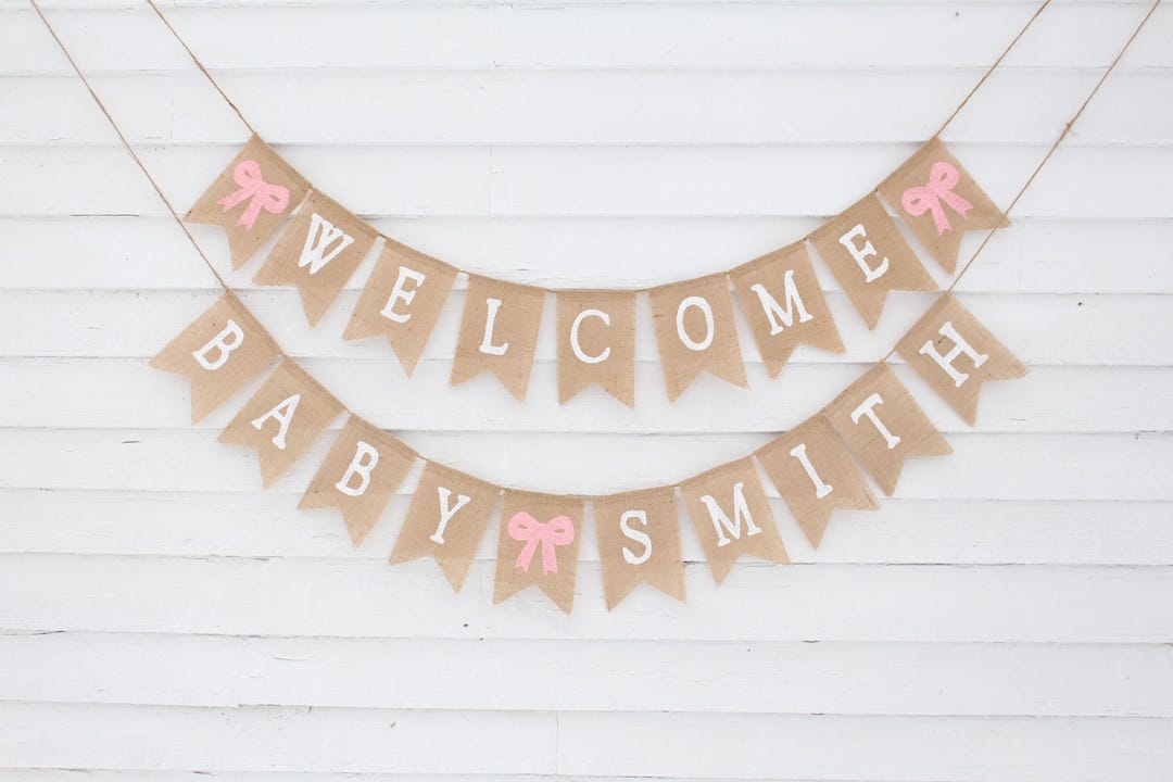 Pink Bow Baby Shower, Welcome Baby Burlap Banner, Custom Personalized ...