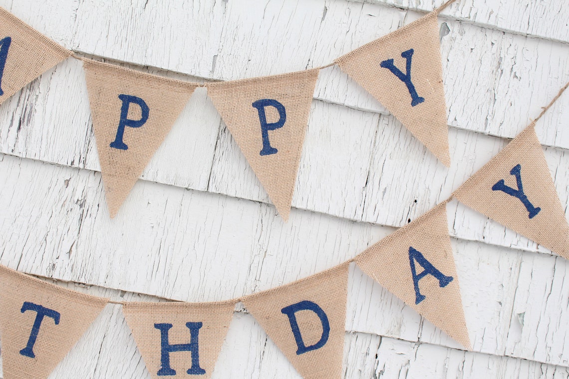 Navy Blue Birthday Decorations, Happy Birthday Burlap Banner, Happy ...