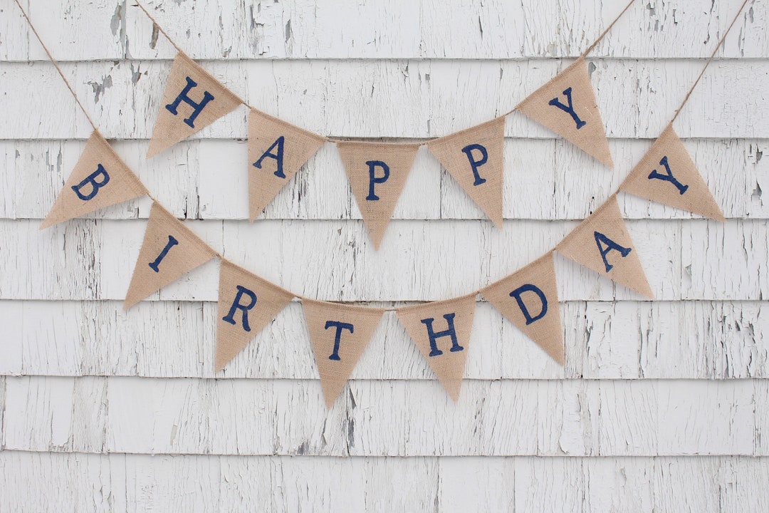 Navy Blue Birthday Decorations, Happy Birthday Burlap Banner, Happy ...