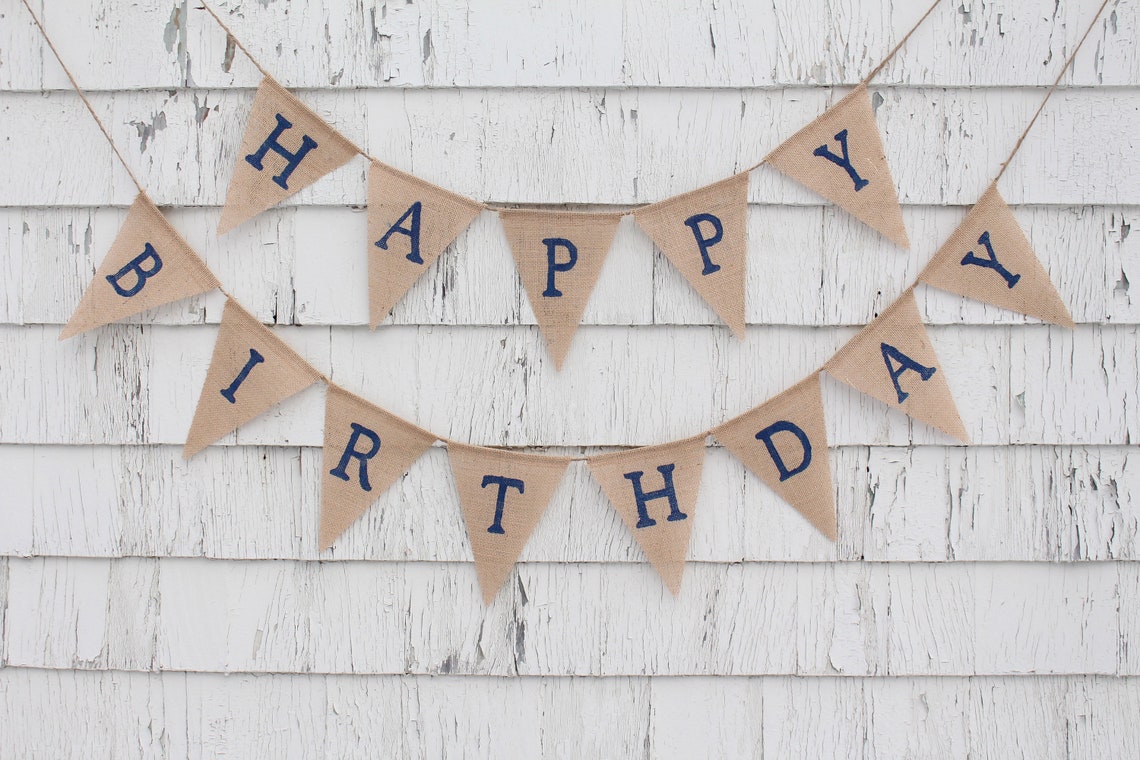 Navy Blue Birthday Decorations, Happy Birthday Burlap Banner, Happy ...