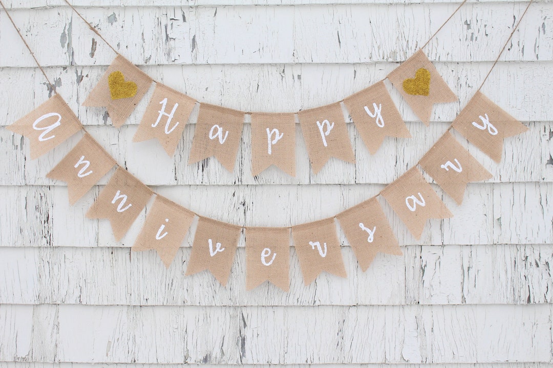 Happy Anniversary Burlap Banner, Gold Anniversary Party Decorations ...