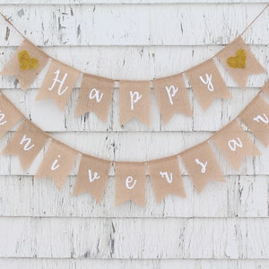 Happy Anniversary Burlap Banner, Gold Anniversary Party Decorations ...