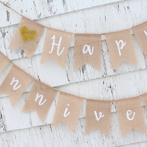 Happy Anniversary Burlap Banner, Gold Anniversary Party Decorations ...