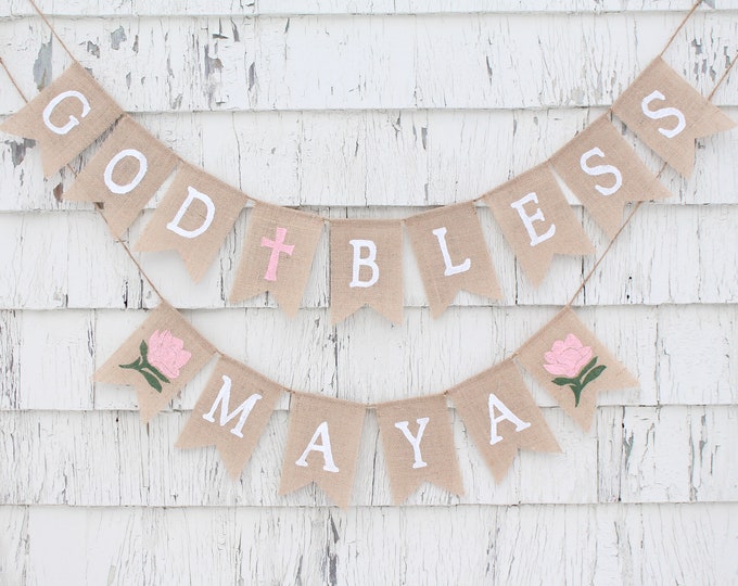 God Bless Banner, Pink and Gold Baptism Banner, Baptism Banner ...
