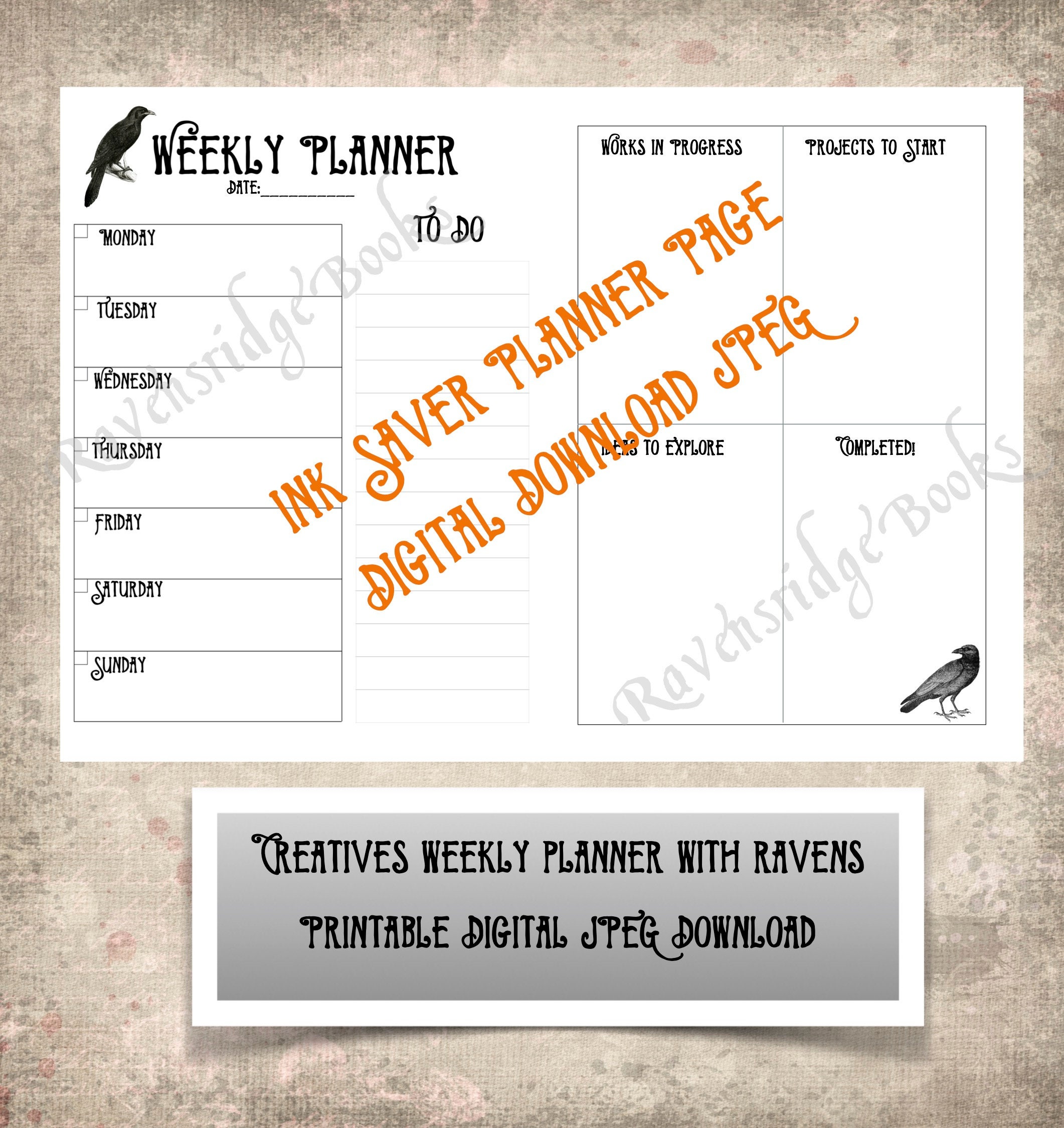 Raven Crow Printable Weekly Planner Page for Artists Creatives Theme ...