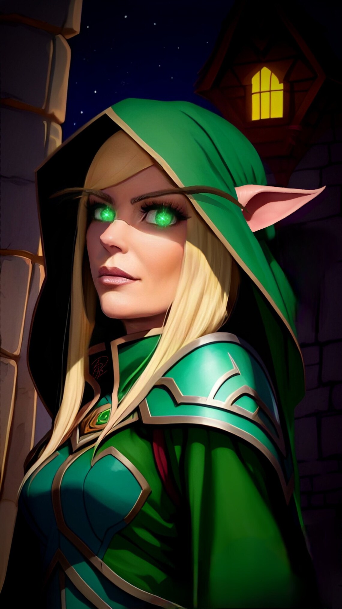Elf, Green, Digital, Art, Glowing, Eyes, Hood, Gold, Town, Lantern ...