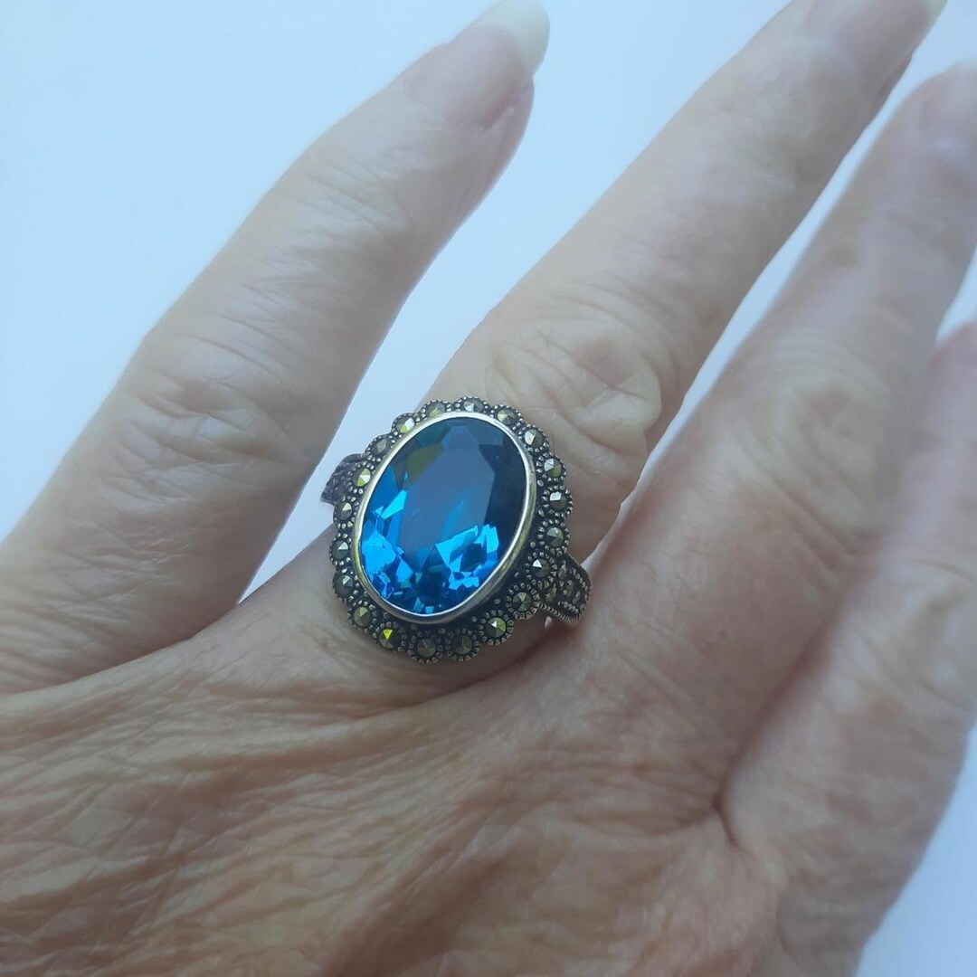 Sterling Silver Deep Blue Quartz Ring With Marcasite Accents, - Etsy