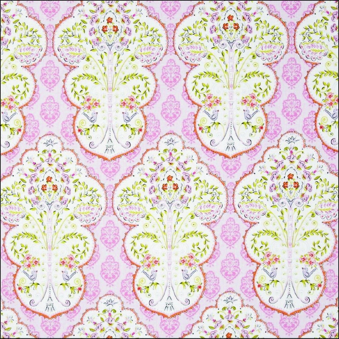 Floral Bird Print Cotton Fabric: Sundara Oasis Pavana, Pink Free Spirit ...