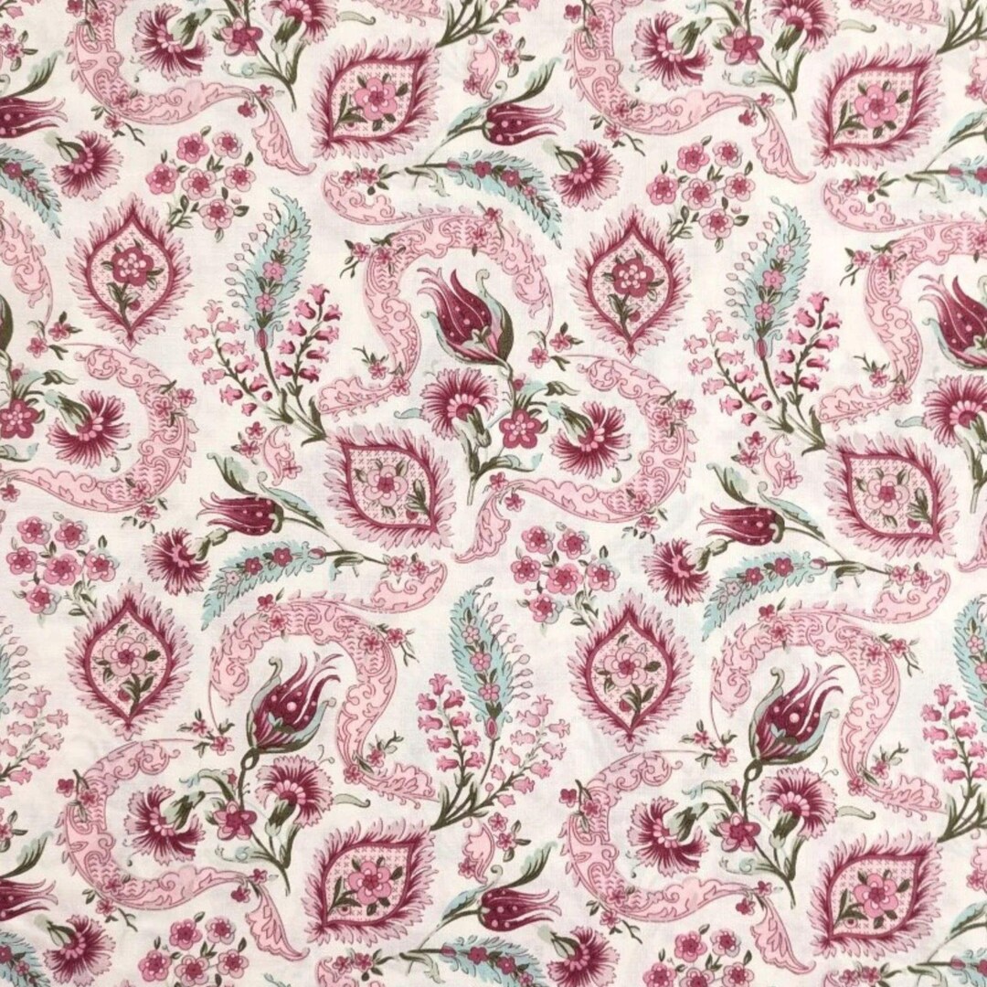 Pima Cotton Lawn Fabric: Bridgerton Floral Print, Red Pink Aqua on ...