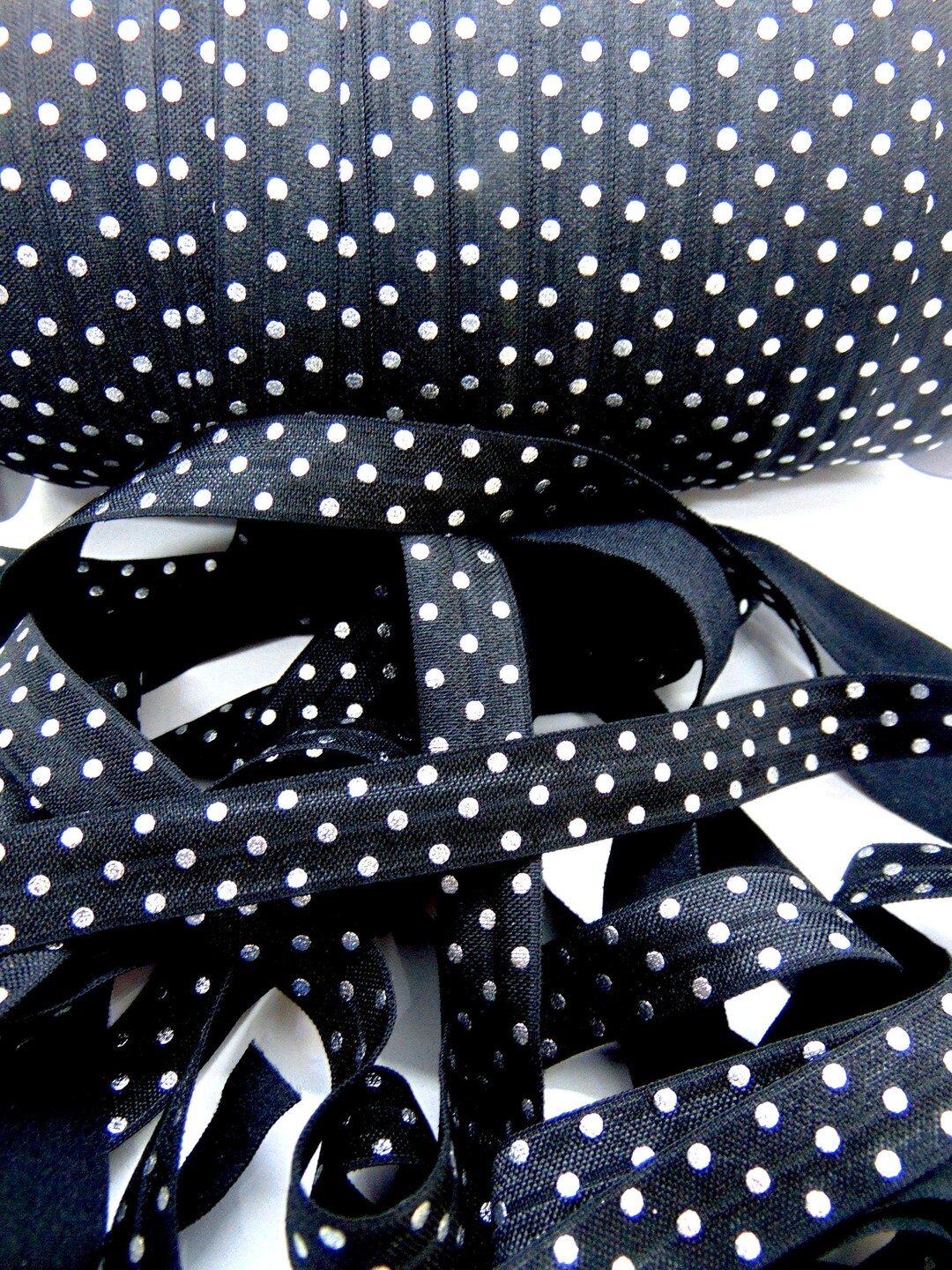 Black Silver Polka Dot Print Fold Over Elastic, 5/8 Inch FOE, Soft ...