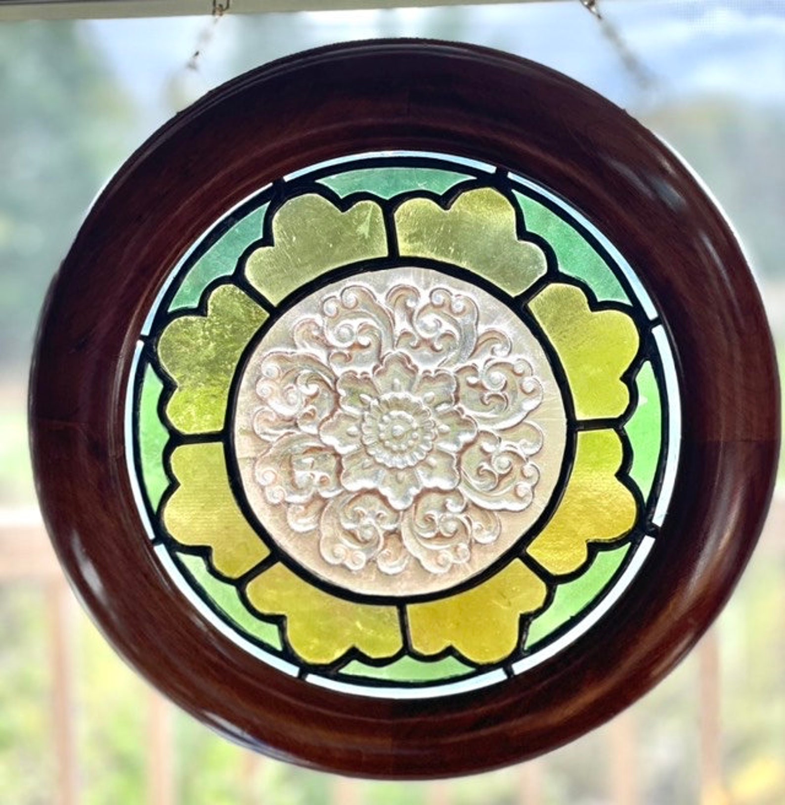 Handmade Recycled Glass Stained Glass Window Panel With Retro Rondel - Etsy