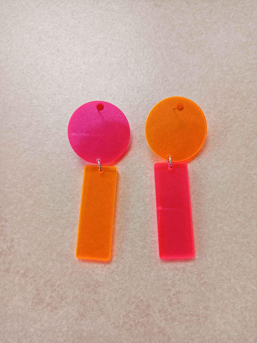 Neon Mismatched Earrings, Fluo Geometric Earrings, Fuschia Orange ...