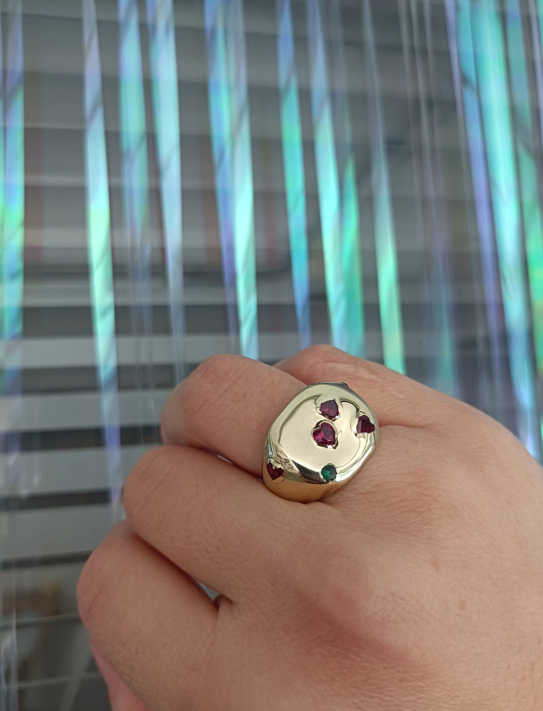 Big Gold Ring With Red Zirconia, Heart Shaped Stone Ring, US 8,75, OOAK ...