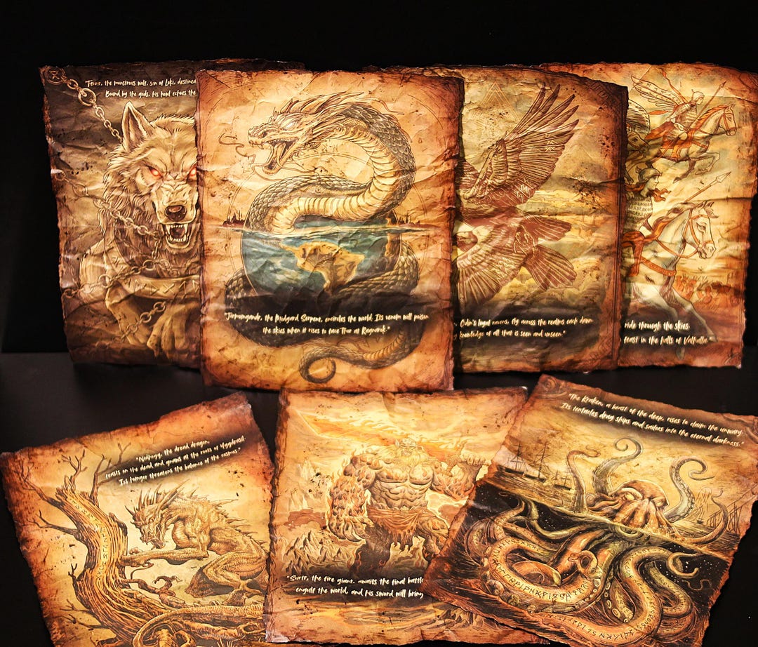 Viking Art Scrolls, Set of 10 Handmade Norse Mythology Creatures ...