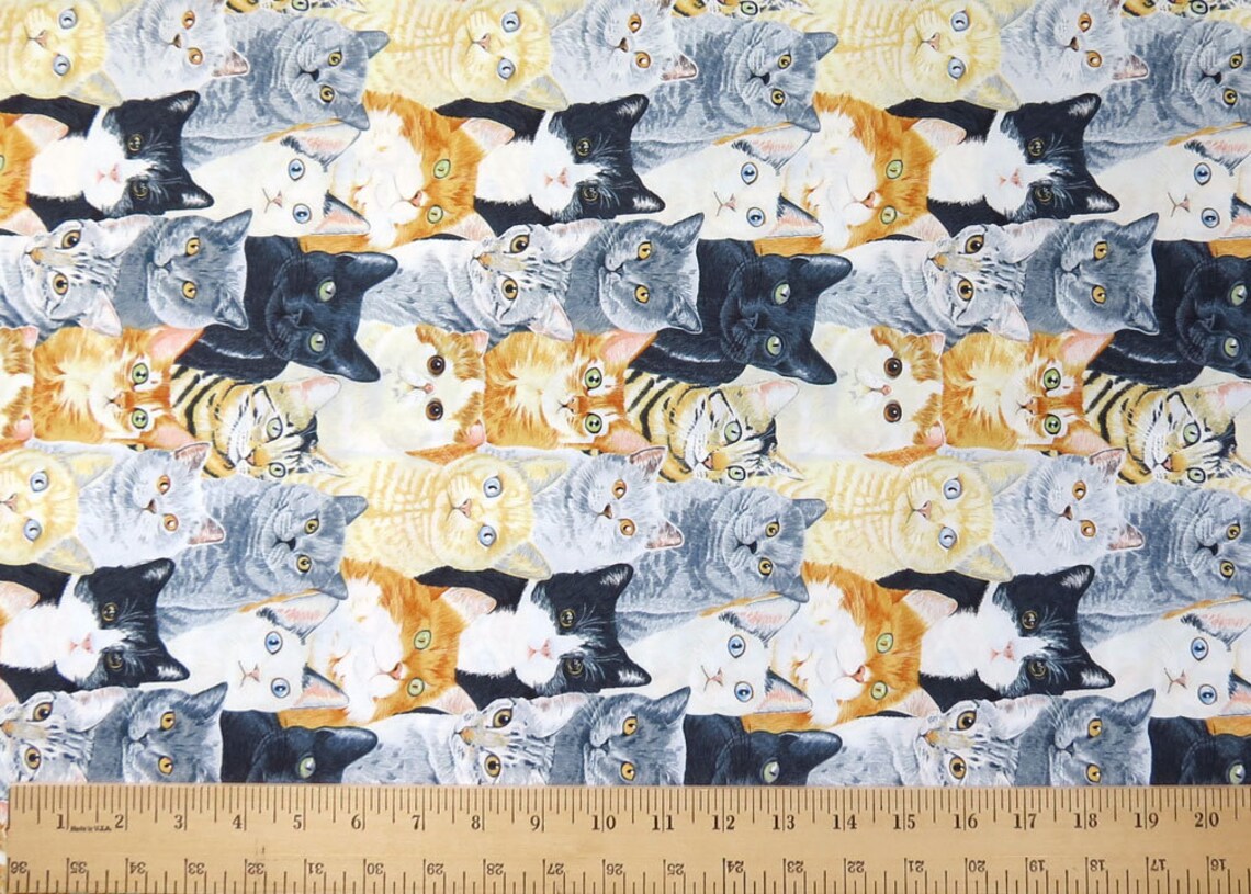 Realistic Cats Fabric By-The-Yard Cotton Fabric by Timeless | Etsy