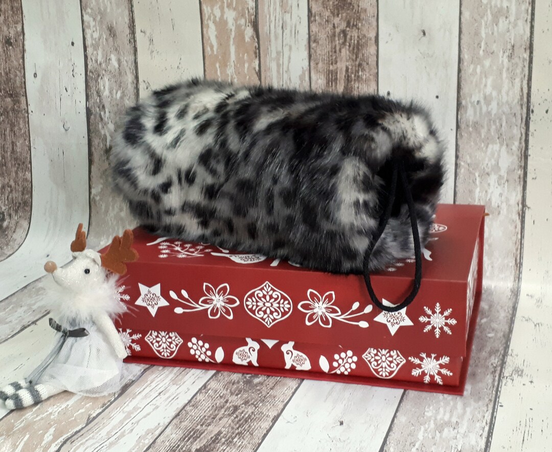 Grey Leopard Faux Fur Hand Muff, Warm Faux Fur Hand Muff, Grey and ...