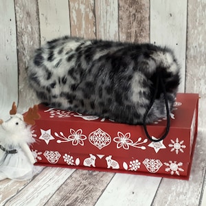 Grey Leopard Faux Fur Hand Muff, Warm Faux Fur Hand Muff, Grey and ...