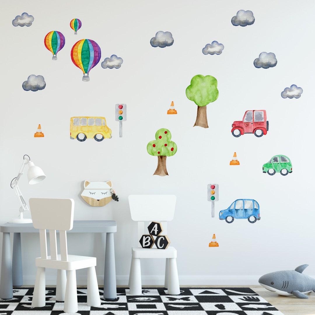 Kids Bedroom Watercolour Transportation Sticker Set Reusable Car ...