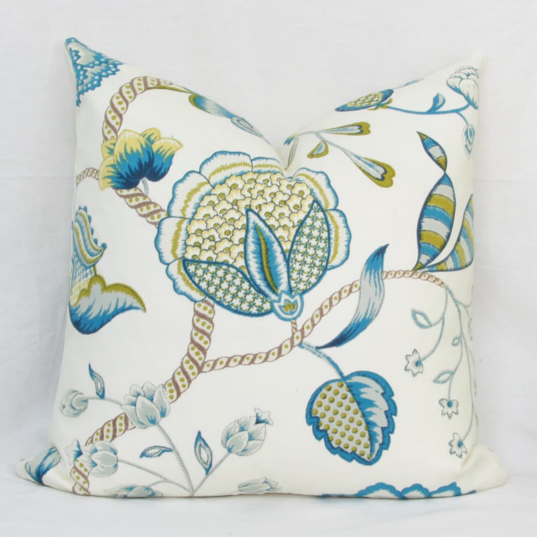 Blue & Green Floral Decorative Throw Pillow Cover. 18 X 18. 20 X 20. 22 ...