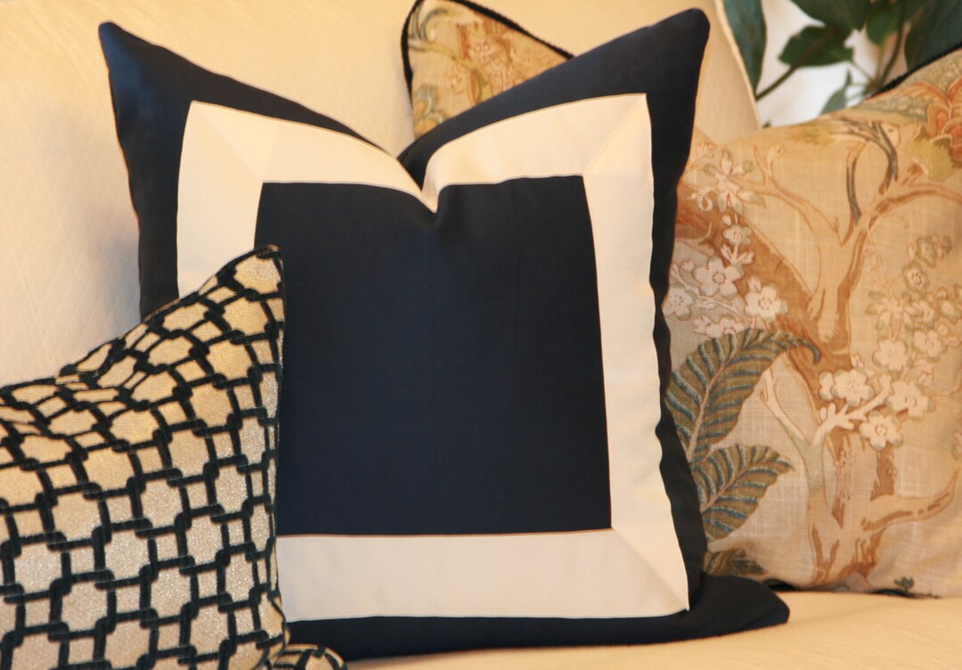 Blue Twill Ribbon Border Decorative Throw Pillow Cover. 18 X 18. 20 X ...