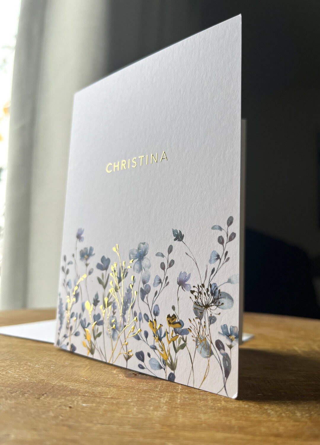 Personalized Foil Stationary Note Card Dusty Blue Flowers With Gold ...