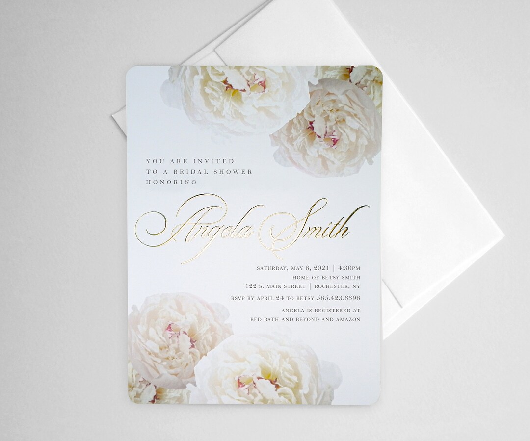 Bridal Shower Invitation Raised Gold Foil | White Elegant Peony Design ...