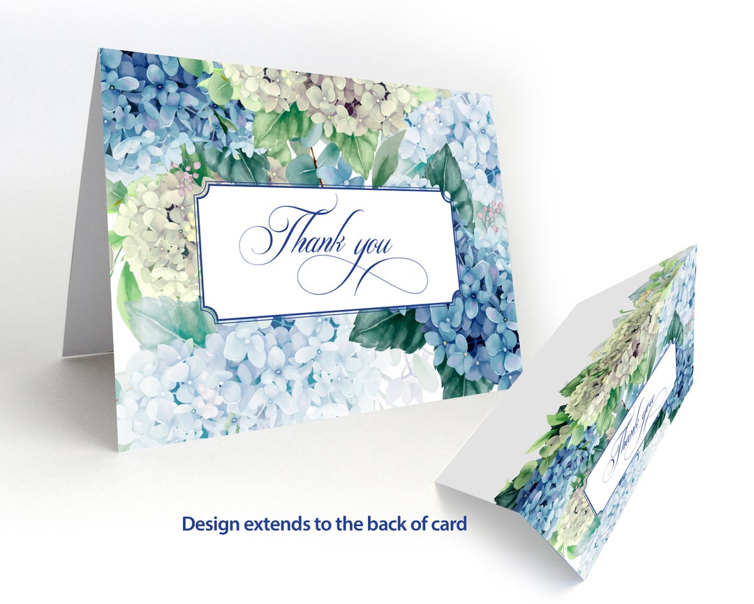 Thank You Note Card Blue Hydrangea White Green Floral Printed Fold Over ...