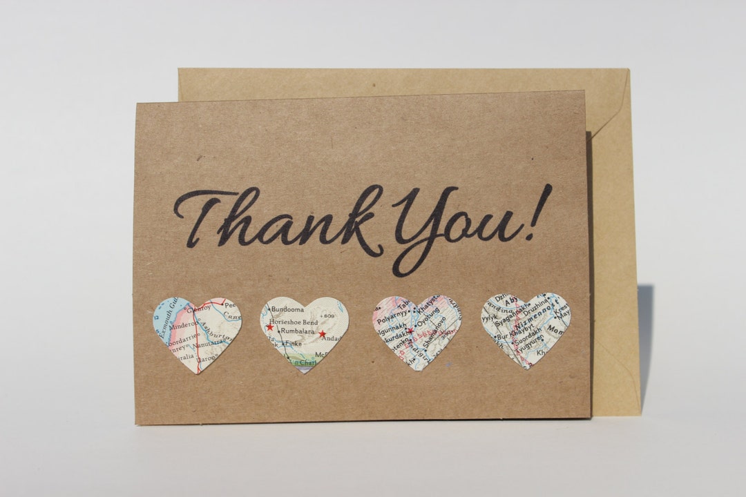 Thank You Card - Vintage Map Card - Travel Card - Map Hearts - Map Card ...