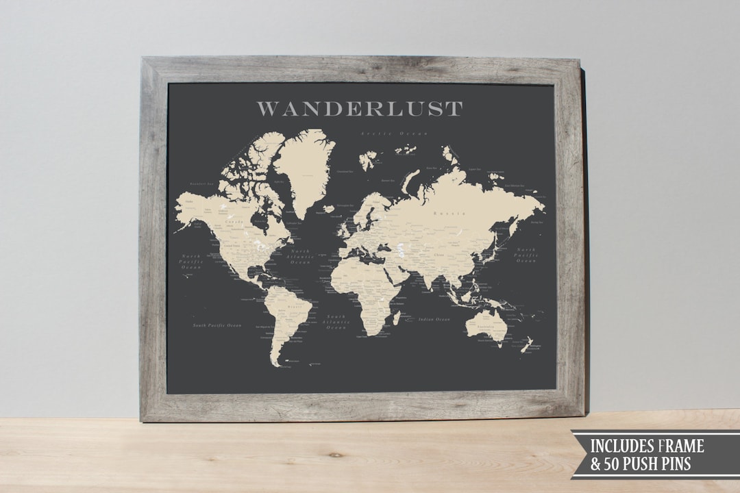 Framed World Push Pin Map With 50 Push Pins, Travel Map, Map Poster ...