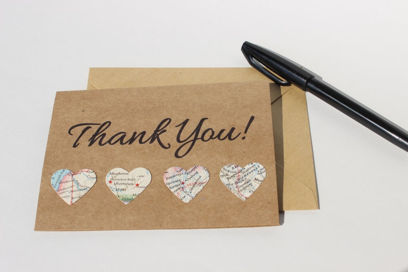 Thank You Card - Vintage Map Card - Travel Card - Map Hearts - Map Card ...