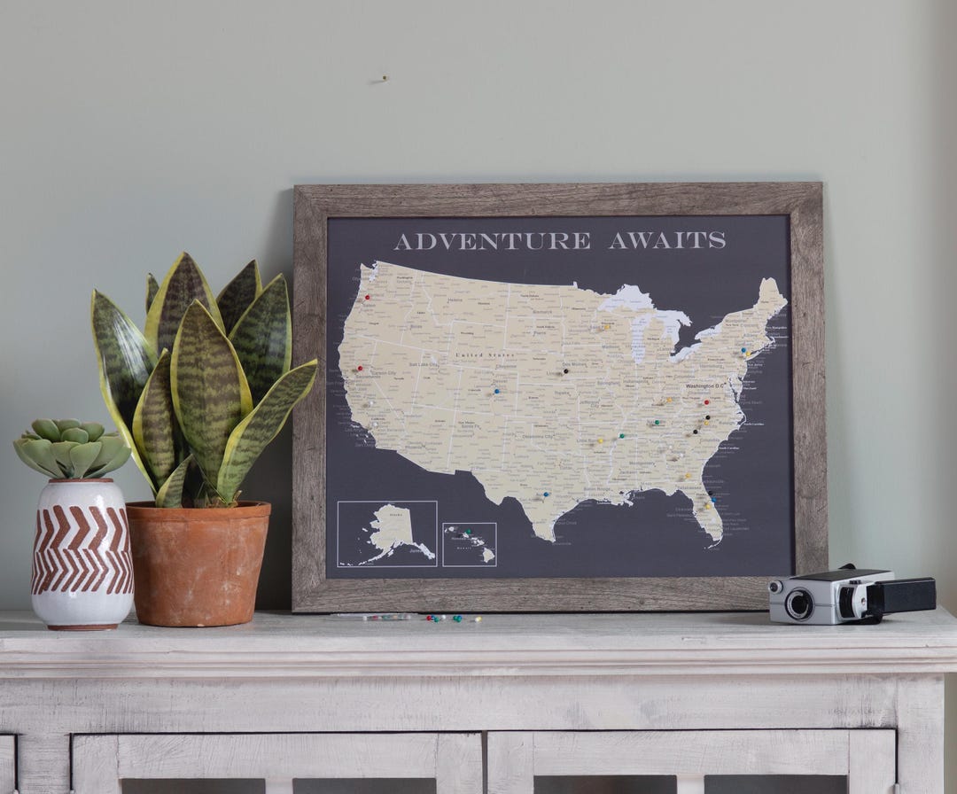 Customizable USA Framed Travel Map W/ 50 Push Pins | Push Pin Travel ...