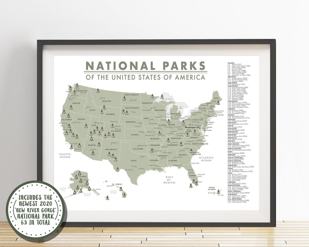 Detailed 63 National Parks Map of the United States - Parks Checklist ...